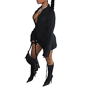 LYANER Women's Sexy Collar V Neck Wrap Hem Long Sleeve Club Party Bodycon Mini Dress Black Small