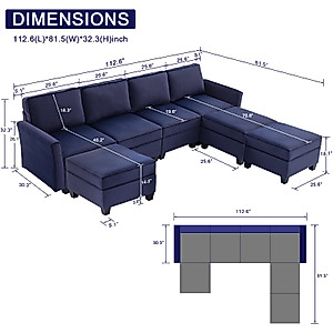 DANNRATCH Modular Sectional Sofa 7 Seat Oversized Convertible Sectional Couch with Reversible Chaise, Sleeper Velvet Modular Couch with Storage Seat for Living Room Furniture Sets Navy Blue