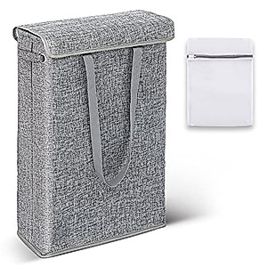 TEAYINGDE slim Laundry Basket with Lid, Tall Thin Laundry Hamper with Handles, Waterproof Lining Narrow Dirty Clothes Hamper for Bathroom Bedroom Dorm Organization Storage, 45L Grey