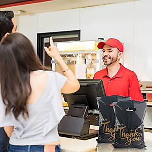 100Packs Thank You Shopping Bags for Boutique Small Business Die Cut Handle 12x15 Inch Glossy Bulk Retail Merchandise Bags Black Gold Plastic Reusable Gift Bags for T-Shirt Packaging Goodie Bags