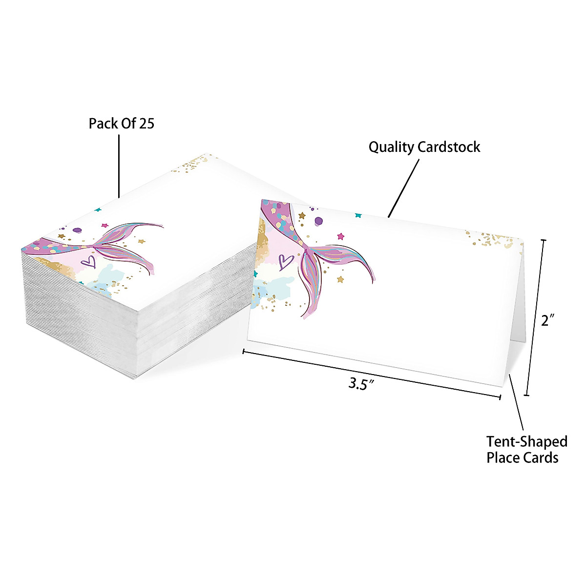 Table Place Card, Mermaid Themed Tent Style Cards, Pack of 25 Half-Fold Reception Place Card, Perfect for Baby & Bride Shower, Mermaid Birthday Party, Wedding C10