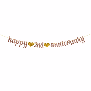 Rose Gold Glitter Happy 2nd Anniversary Banner, 2nd Wedding Anniversary Party Decorations Suppilies, Cheers to 2 Year Banner (2nd)