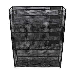 Wall File Organizer 5 Tier Black Heavy Duty Metal Mesh Hanging Mail Magazine Rack 40 x 32 x 11 cm Wall Mount Paper Holder for Newspaper Folders
