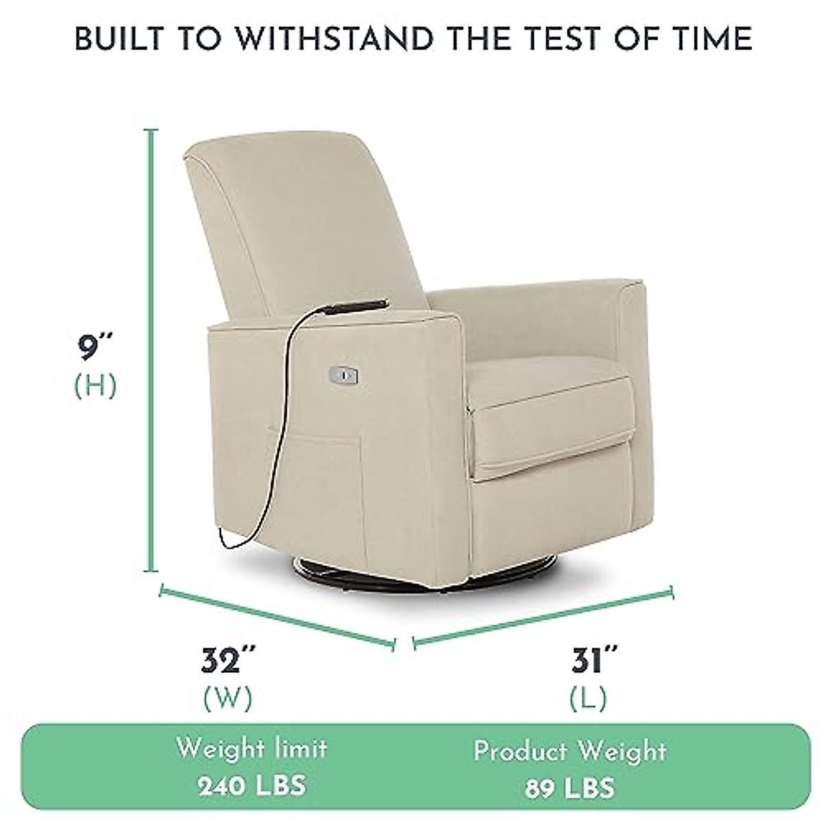 Evolur Harlow Deluxe Upholstered Plush Seating Glide Rocker, Swivel, Power Recliner USB Port with in-Built Massager, Greenguard Gold Certified, Glider Chair for Nursery in Shell