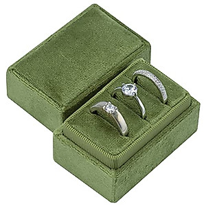 Rectangle Velvet Ring Box Storage 3 Slots for Wedding Ceremony Proposal Engagement Birthday Gift (Olive Green)