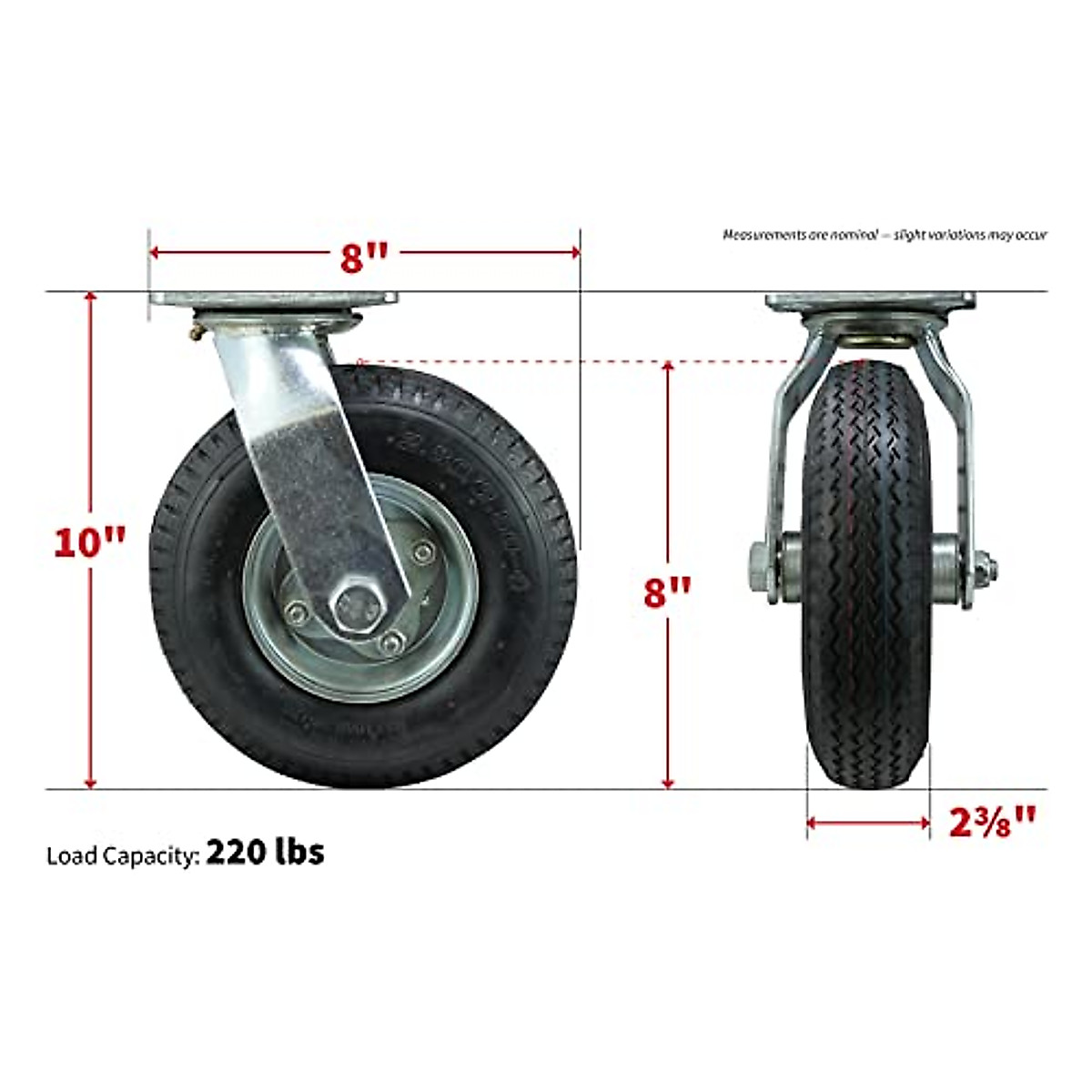 Shepherd Hardware 9794 8-Inch Pneumatic Caster Wheel, Swivel Plate, Steel Hub with Ball Bearings, 5/8-Inch Bore Centered Axle