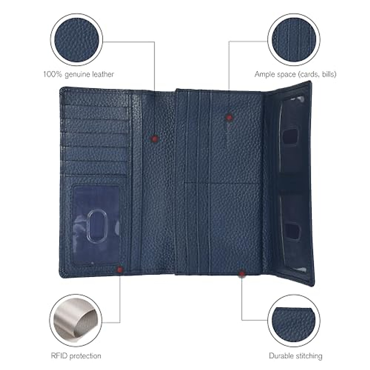 ESTALON Leather Long Bifold Wallet for Women | RFID Blocking | 11 Card Organizer Slots | 3 ID Windows | Trendy Women's Travel Wallet | Ladies Clutch Purse | Gifts for Her | Navy Pebble