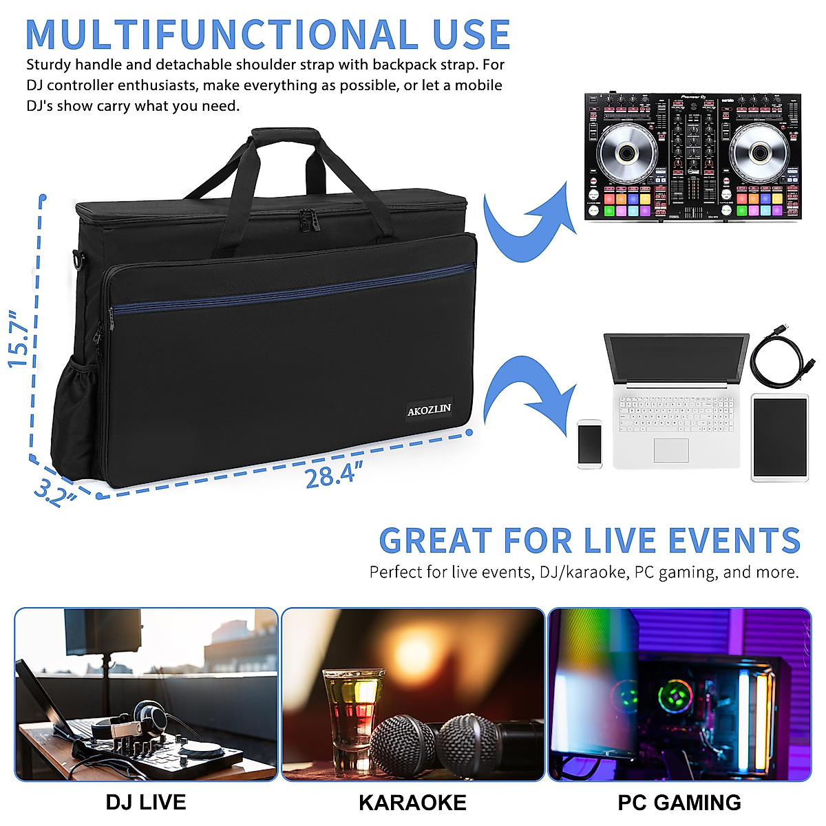 AKOZLIN Padded DJ Mixer Gig Bag Controller Travel Shoulder Bag Fits for Pioneer RX/NI Traktor Kontrol S8/DDJ SX SX2 SX3/DDJ 800/DDJ FLX6/DDJ1000 1000SRT/MC7000