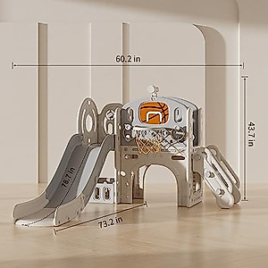 UNICOO Kids Slide Playset, Toddlers Playground, Kids Playhouse with Slide, Tunnel, Basketball, Climber and Storage Space (Playhouse White + Grey)