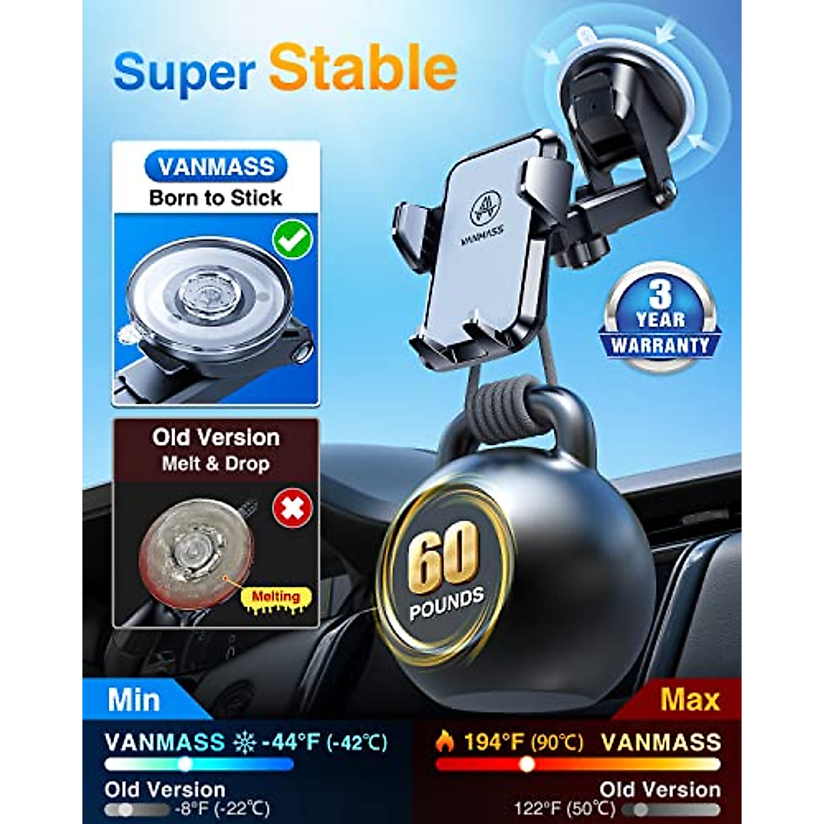 VANMASS [Upgraded] Cell Phone Holder Car [Anti-Slip Soft Silicone & Powerful Suction] Dashboard Windshield Universal Phone Car Mount, Compatible with iPhone 14 13 12 11 Pro Max &Truck/SUV/Jeep (Gray)