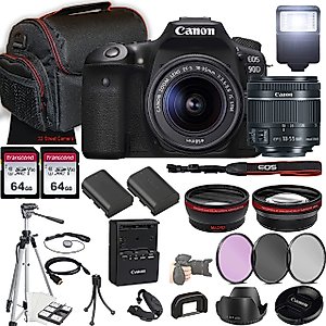 Canon EOS Rebel 90D DSLR Camera w/EF-S 18-55mm F/4-5.6 is STM Lens + 2X 64GB Memory + Case + Filters + Tripod + More (35pc Bundle) (Renewed)