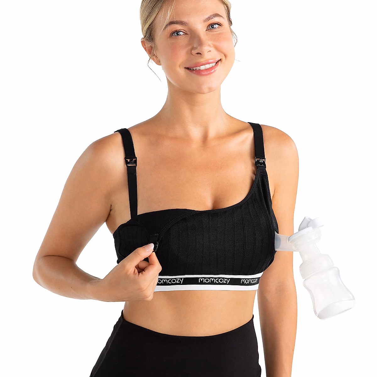 Momcozy Seamless Pumping Bra Hands Free, Comfort and Great Support Nursing and Pumping Bra, Small Black