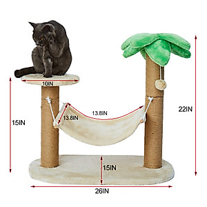 LUCKITTY Small Cat Scratching Posts Kitty Coconut Palm Tree-Cat Scratch Post for Cats and Kittens - Natural Jute Sisal Scratch Pole Cat Scratcher (Post &Hammock)