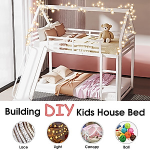 DreamBuck Bunk Bed Twin Over Twin, Metal House Shaped Bunk Bed with Convertible Slide and Ladder, Low Bunkbeds with High Guardrail for Kids Girls Boys, No Box Spring Needed, Without Noise, White