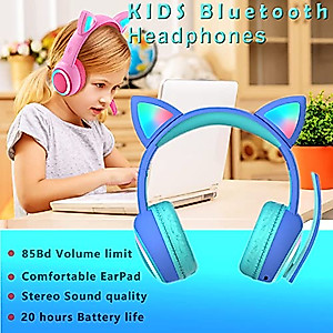 Fouetoway Cat Ear Kids Headphones with Bluetooth &Wired, On-Ear Headset Cute LED Light Up with Microphone for Kids Learning,Gaming,Music,Compatible with Laptop/PC/TV/Smartphones(Blue)