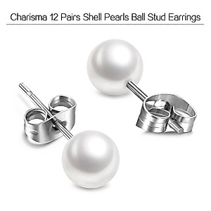 Charisma 8mm Composite Pearl Earrings Round Ball Pearls Stud Earrings Hypoallergenic 12 Pairs Imitation Pearl Earrings Set for Women