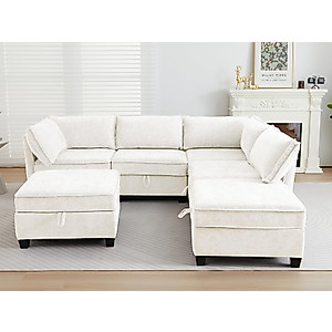 Corner Modular Sectional Sofa Set, Convertible L Shaped Couch with Storage, 6 Seater Sofa Modular with Ottomans and Reversible Chaise for Living Room, Office (Beige)