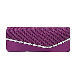 Elegant Pleated Satin & Crystal Flap Clutch Evening Bag, Purple
