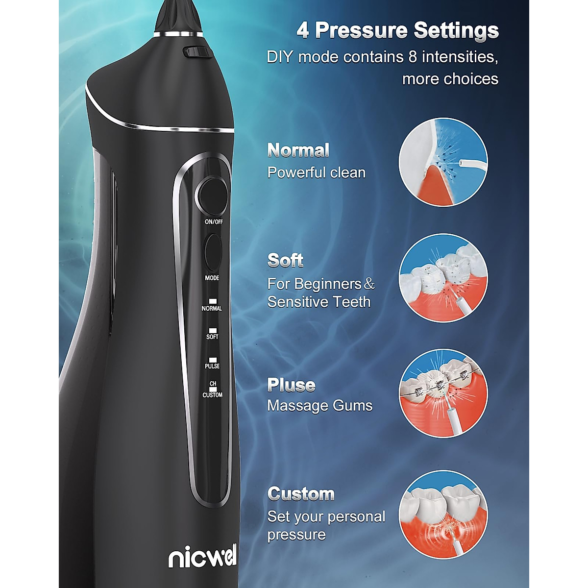 Nicwell Water Dental Flosser Pick for Teeth: 4 Modes 300ml Cordless Portable Rechargeable Oral Irrigator IPX7 Waterproof Cleaner Pik Deep Cleaning Flossing Pic Machine for Home Travel
