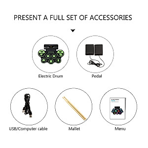 9 Pads Portable Electronic Drum Set with Built-in Speakers, Power Supply, Foot Pedals and Drumsticks, Roll Up Electric Musical Instruments