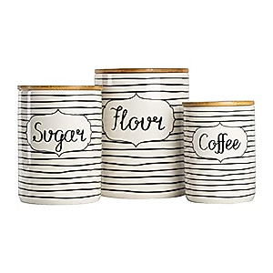 10 Strawberry Street Coffee, Sugar, Flour Kitchen Canister Set, 3 Piece, Everyday Black/White