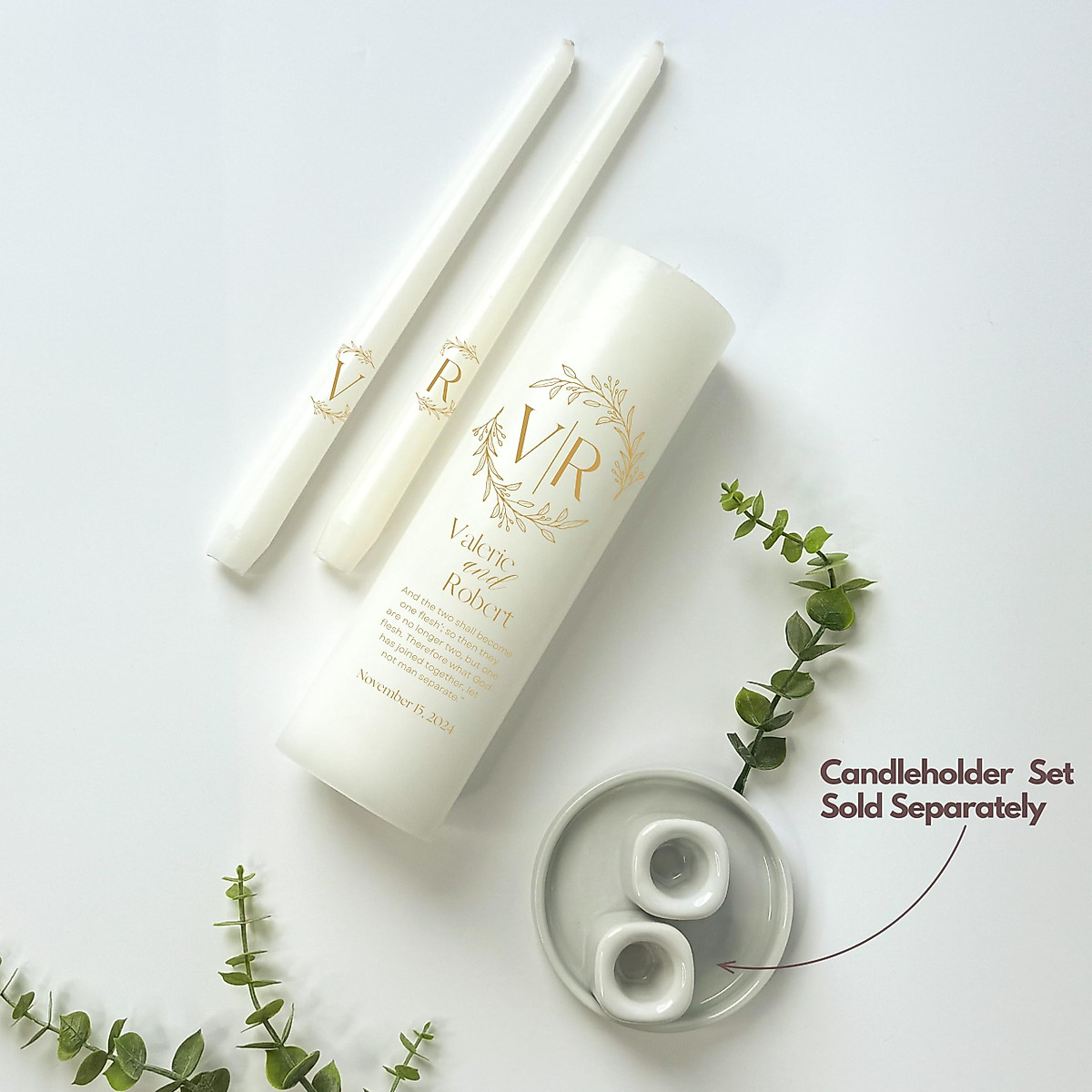 Unity Candles for Wedding, Unity Set, Custom and Personalized Pillar and Taper Candles with Bible Quote, Unscented White Premium Wax, Religious and Wedding Ceremony, Special Events (Goldie)