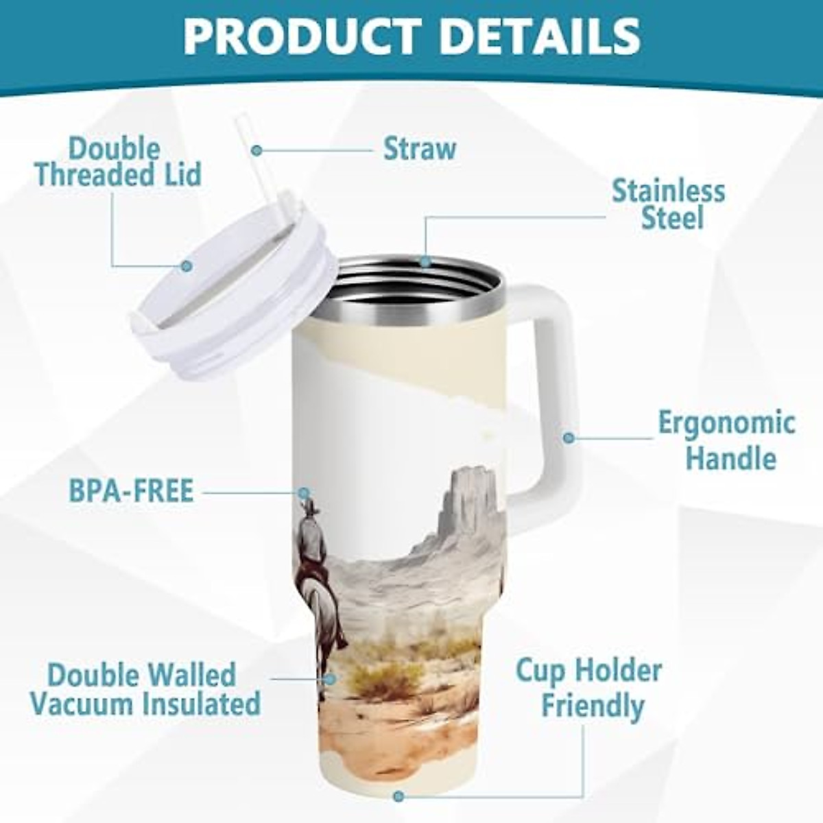 Jihqo Western Cowboys 40 oz Stainless Steel Vacuum Insulated Tumbler with Handle and Straw Lid, Leakproof Water Bottle Double Wall Travel Mug Coffee Cup, Cupholder Friendly