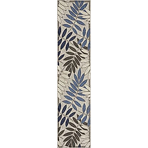 Nourison Aloha Indoor/Outdoor Grey/Blue 2' x 6' Area -Rug, Tropical, Botanical, Easy -Cleaning, Non Shedding, Bed Room, Living Room, Deck, Backyard, (6' x Runner)