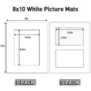 Golden State Art, Pack of 10 White Picture Mats, 5 Pcs 8x10 Mats for 5x7 Photos and 5 Pcs 8x10 Mat for 2 4x6 Photos - Bevel Cut, White Core - Great for Pictures, Photos, Frames, Artworks, Prints