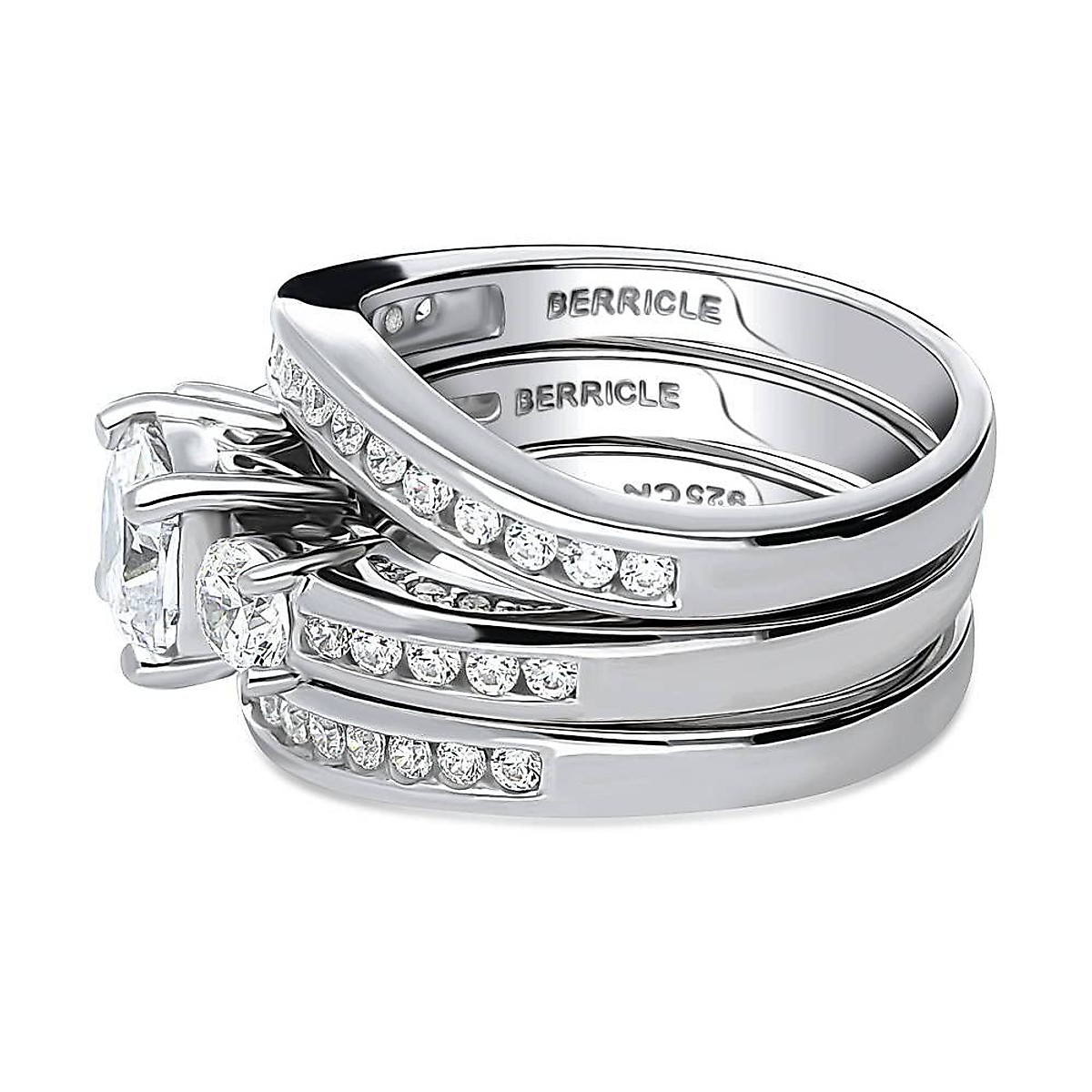 BERRICLE Sterling Silver 3-Stone Wedding Engagement Rings Cushion Cut Cubic Zirconia CZ Ring Set for Women, Rhodium Plated Size 6.5