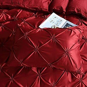 Miss Cora Pintuck Duvet Cover Set Silk Like Satin, Bedding Pinch Pleated Ruffle Design Silky Microfiber Bedding Sets 8 Colors-Red, King
