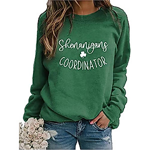 Shenanigans Coordinator Sweatshirt Green T Shirt Irish St Patrick's Day Shirt T Shirt Here for The Shenanigans Shirt Loose Casual Pullover Shamrock Print Crew Neck Tops Womens Tee
