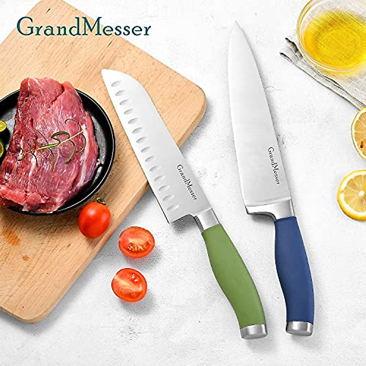 GrandMesser Kitchen Knives, 2 Piece Ultra Sharp 8 inch Chef Knife and 7 inch Santoku Knife, German Carbon Stainless Steel Forging Cooking knife Set, with Ergonomic Handle and Gift Box