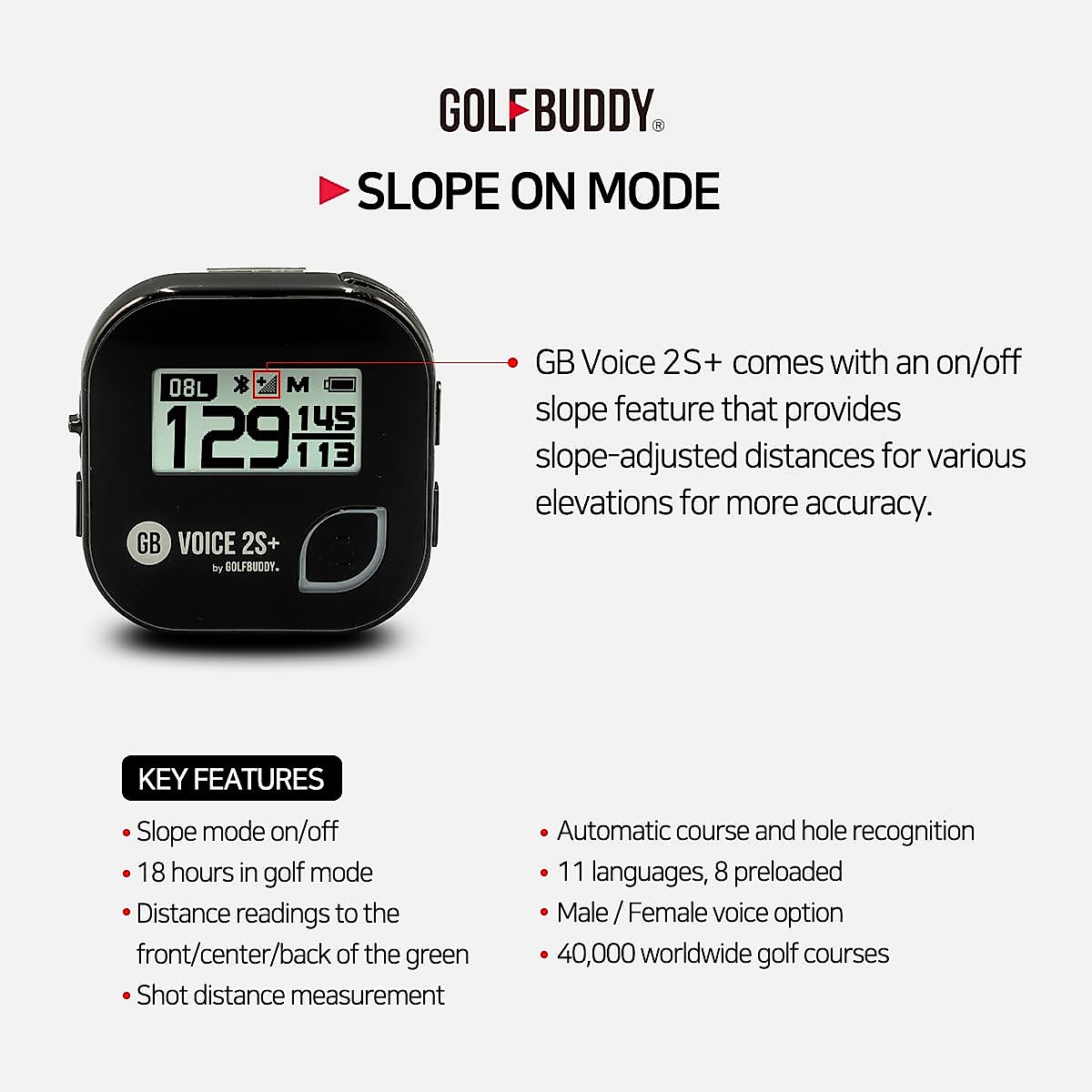 GOLFBUDDY Voice 2S+ Talking GPS Rangefinder, Clip on Hat Golf Navigation, Slope Mode on/Off, 18 Hours Battery Life, Shot Distance Measurement, Preloaded with 40,000 Courses Worldwide (Black)