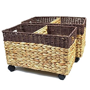 PEMAR Set 2 (different sizes nesting in a set) Natural Wicker Rolling Storage Baskets on Wheels w Insert Handle, Under Table Under Desk Storage Bins, Mobile File Cabinet Organiser. Water Hyacinth