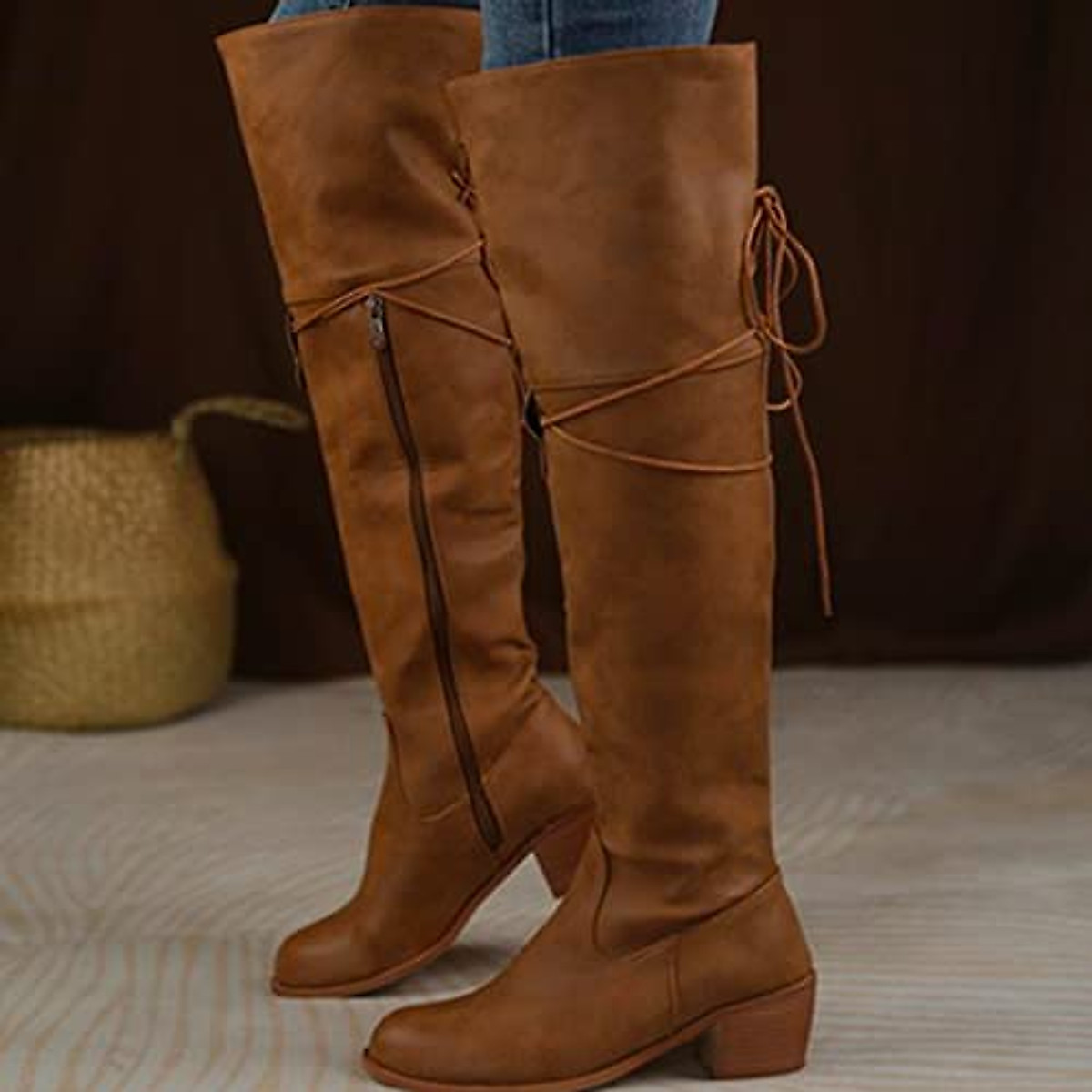 red cowgirl boots, winter fashion handsome solid retro knee boots thick heel round toe side zipper boots short cowboy boots blue cowboy boots