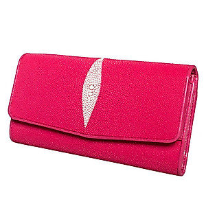 Genuine Stingray Skin Exotic Leather Zip Clutch Purse Long Snap Wallet Organizer (Hot Pink)