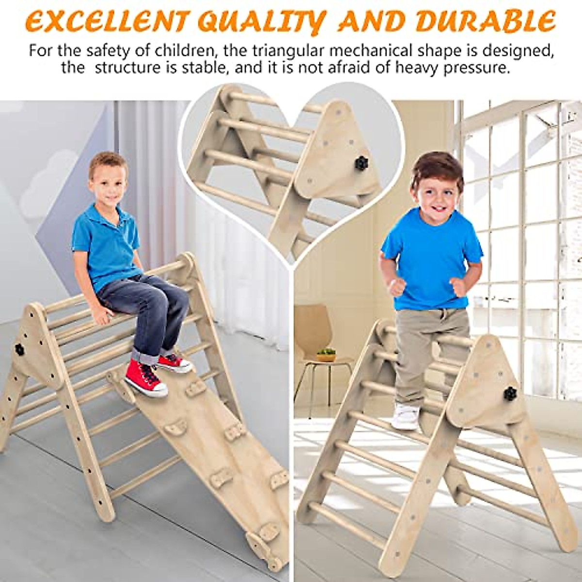 Baoniu Foldable Climbing Triangle Ladder Toys with Ramp for Sliding or Climbing, Set of 3 Wooden Safety Sturdy Kids Play Gym, Indoor Outdoor Playground Climbing Toys for Toddlers