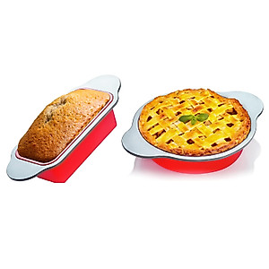 Boxiki Kitchen Silicone Baking Duo: 9x5 Inch Bread Loaf Pan & 9 Inch Round Cake Pan - Non-Stick, Easy Release with Steel Frame Handles.