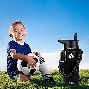 XccMe Kids Stainless Steel Water Bottle,16oz Kids water bottle for School,Insulated Kids Thermos with Straw Lid,Silicone Boot,16 Personalize Dinosaur Stickers and Paracord Handle(Red)