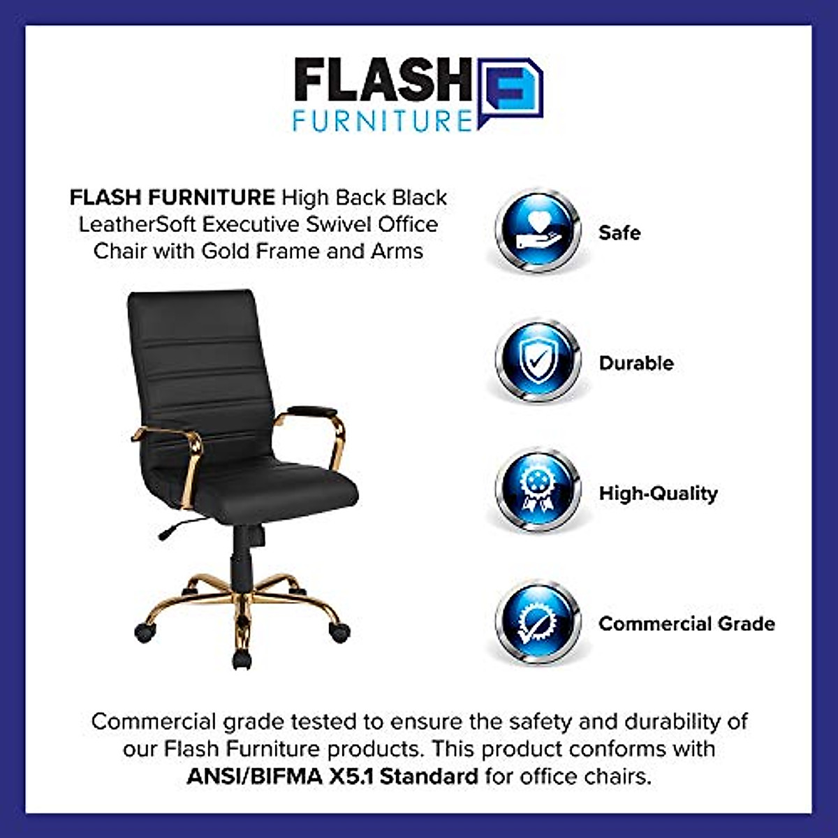 Flash Furniture Whitney High Back Desk Chair - Black LeatherSoft Executive Swivel Office Chair with Gold Frame - Swivel Arm Chair