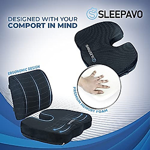 Sleepavo Memory Foam Seat Cushion for Office Chair - Orthopedic Back & Butt Pillow for Sciatica Tailbone Coccyx Hip Pain Relief for Sitting, Gaming, Desk, Car & Airplane - Padded Lumbar Support Pillow