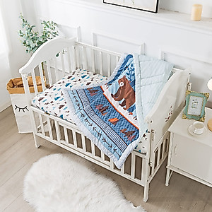 Soul & Lane 3-Piece Cotton Forest Animals Crib Bedding Set for Boys - Comforter, Crib Sheet, Changing Pad Cover: Woodland Friends Crib Bedding Set, Deer Bear Blue Nursery Quilt, Mountain Crib Sheet