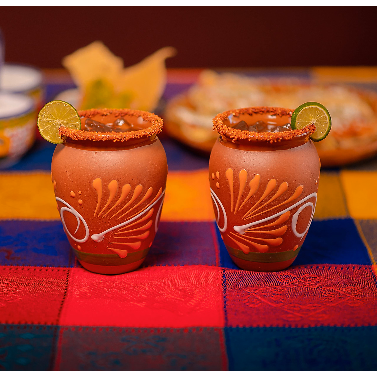 Cantaritos de Barro Mexicanos - Set of 2 Authentic Mexican Glazed Clay Mugs 14 oz - Jarritos de Barro Mexicanos - Clay Cups Tazas de Barro - Vasos de Barro for Drink Tequila (Clay Orange Decor)