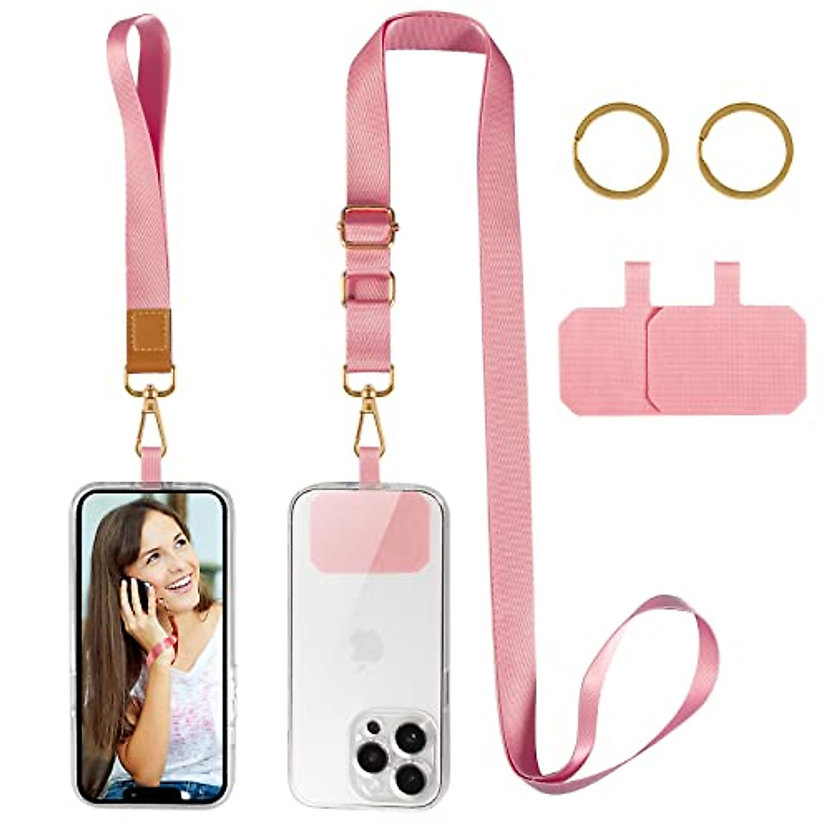 Cell Phone Lanyard, Zafolia Universal Crossbody Lanyards Adjustable Shoulder Neck Strap with Wrist Lanyard, 2 Key Rings, 2 Phone Tether Pads Compatible Most Smartphones (Pink)