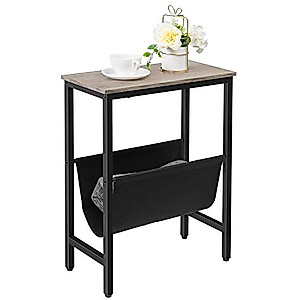 HOOBRO Side Table, Narrow End Table with Magazine Holder Sling, 18.9 x 9.4 x 24 Inch Industrial Nightstand for Small Spaces, Wood Look Accent Furniture with Metal Frame, Greige and Black BG41BZ01