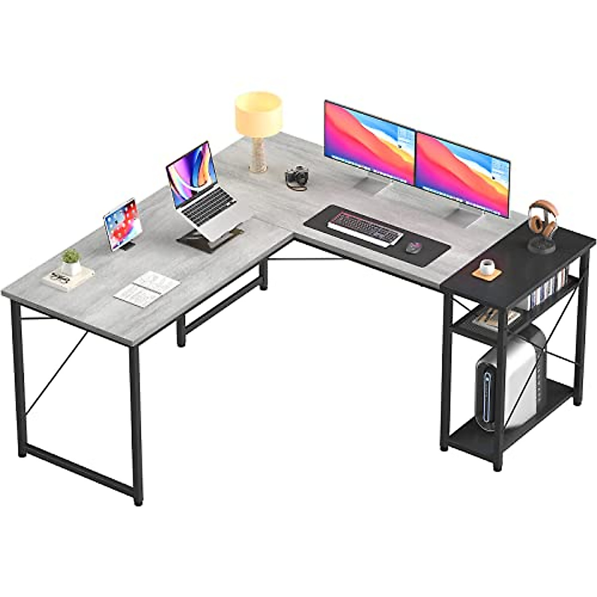 Foxemart L-Shaped Computer Desk, Industrial Corner Desk Writing Study Table with Storage Shelves, Space-Saving, Large Gaming Desk 2 Person Table for Home Office Workstation, Gray Oak and Black