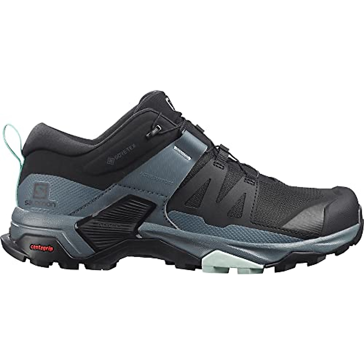 Salomon X Ultra 4 Gore-TEX Hiking Shoes for Women, Black/Stormy Weather/Opal Blue, 7.5