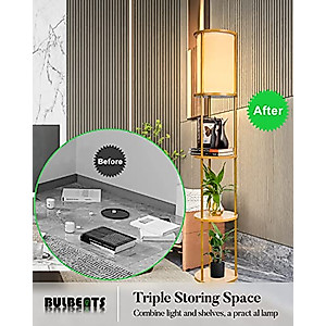 Floor Lamp with Big Shelves,3-Tier Golden Cylinder Shelf Floor Lamps with 3000K Warm Soft Brightness E26 LED Bulb (Included), Linen Shade Storage Wood Texture Modern Floor Lamp with Foot switch