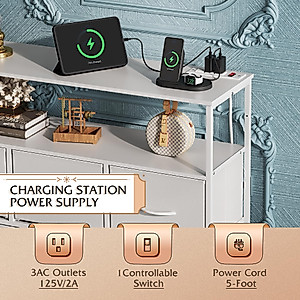 WLIVE Dresser TV Stand for 45 inch TV, White Fabric Dressers for Bedroom with 5 Drawers, Entertainment Center with Open Shelf and Power Outlet, TV Stands for Living Room, Closet